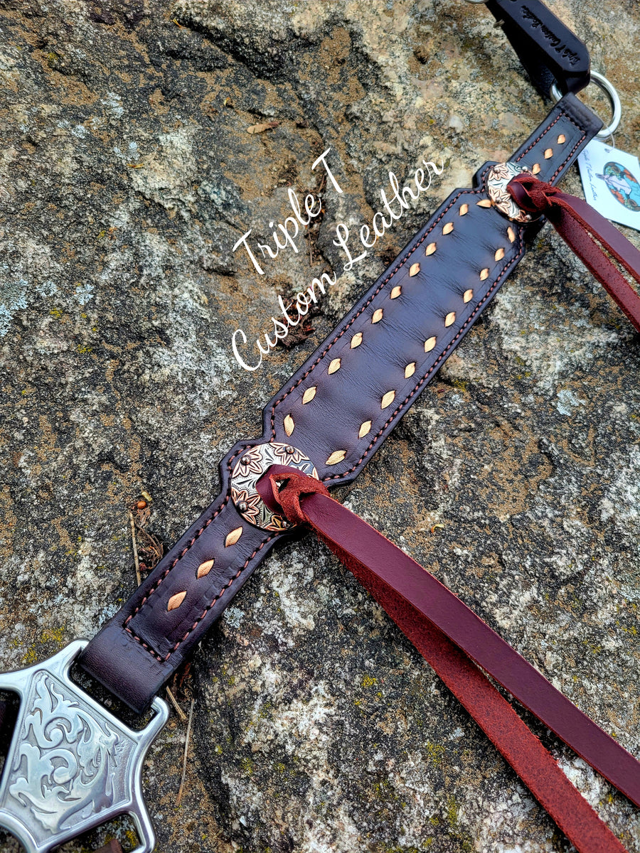 Chocolate Leather Breastcollar with Copper Buckstitch, Conchos and Lat – TTT-Custom-Leather-