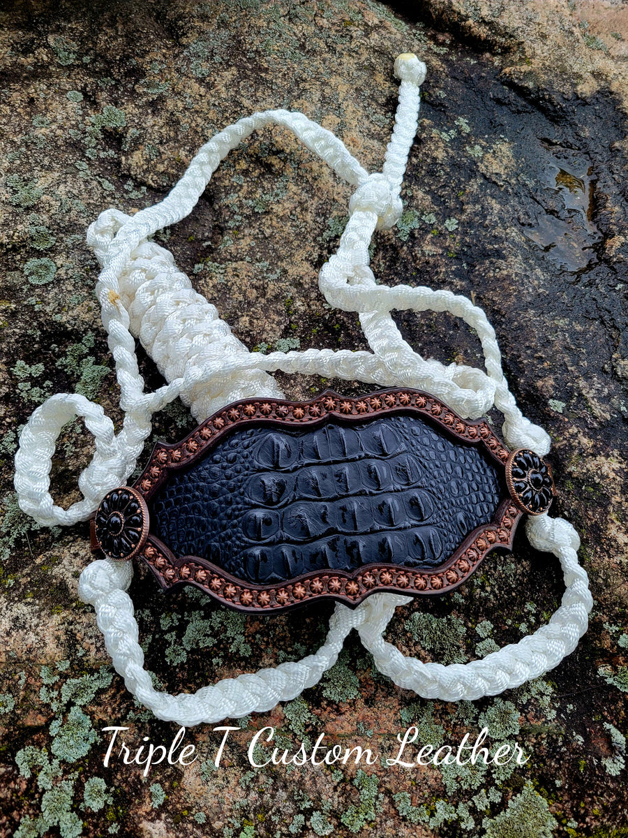 Black Gator Inlay Noseband on White Muletape Halter – TTT-Custom-Leather-