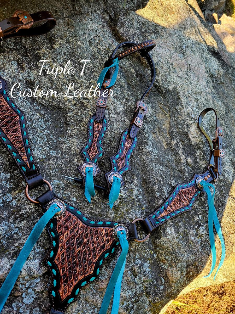 Handtooled Diamond Pattern Gladiator Tack Set with Antique Finish, Tur ...