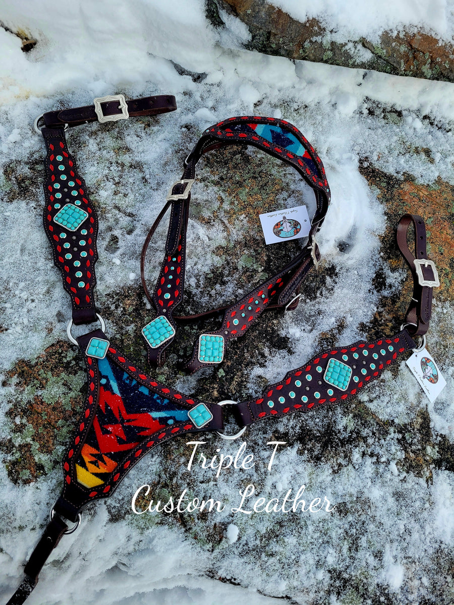 Chocolate Leather Gladiator Tack Set with Wool Inlay, Buckstitch and T ...