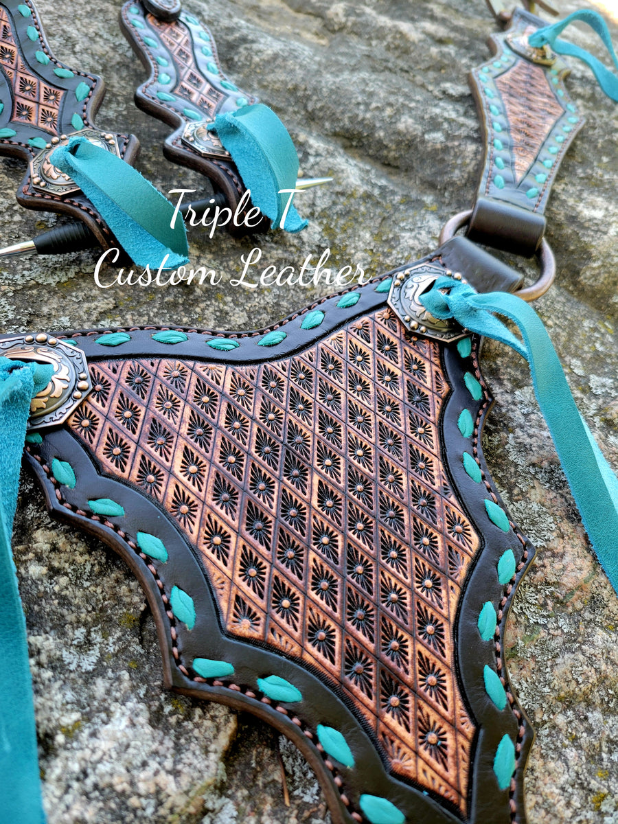 Handtooled Diamond Pattern Gladiator Tack Set with Antique Finish, Tur ...