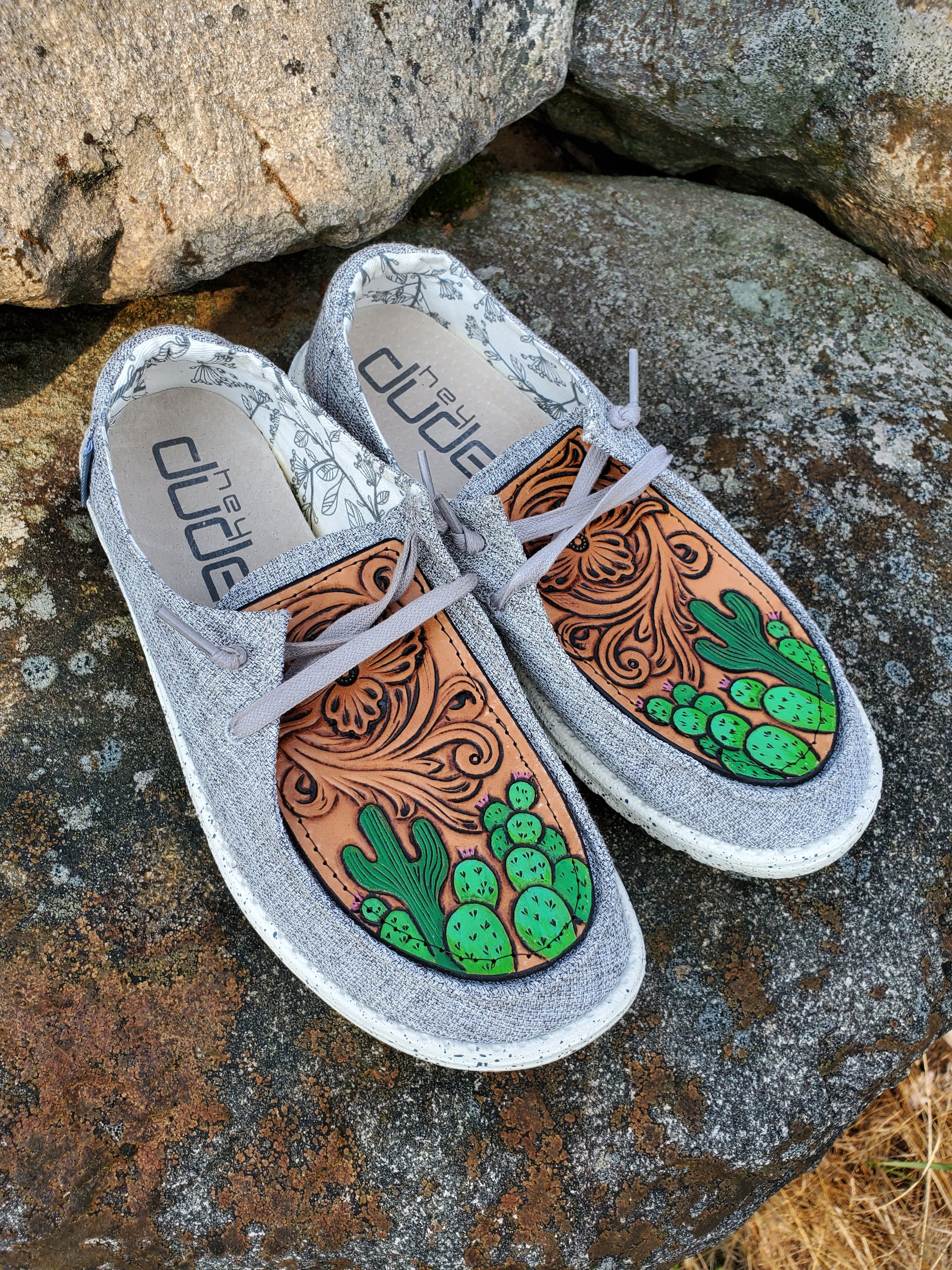 Floral & Cacti Custom Leather Topped Shoes- Womens – TTT-Custom-Leather-